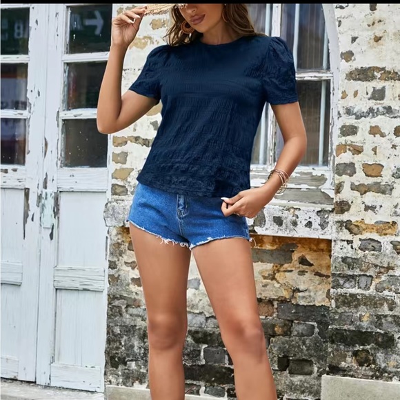 Tops | Elegant Blue Texture Blouse With Crew Neck Blouse | Poshmark
